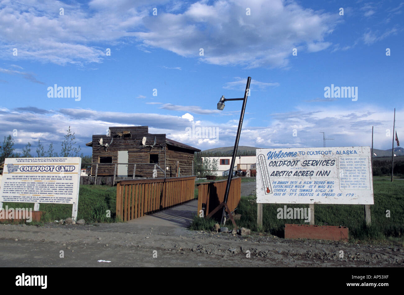 North America, USA, Alaska, Brooks Range. Information sign at Coldfoot ...