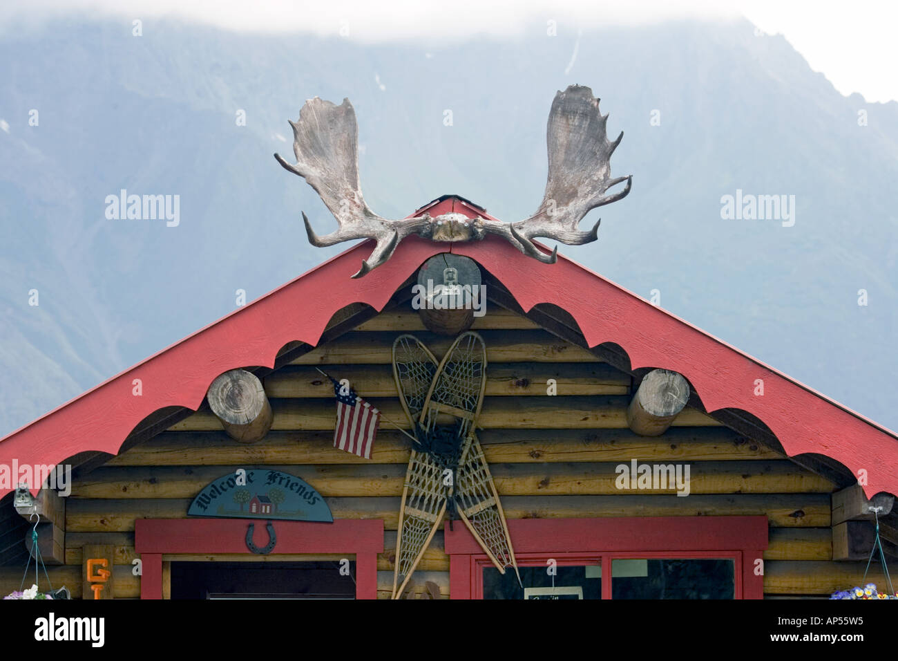 Moose antlers decorate the roof of a house north of Anchorage, Alaska ...