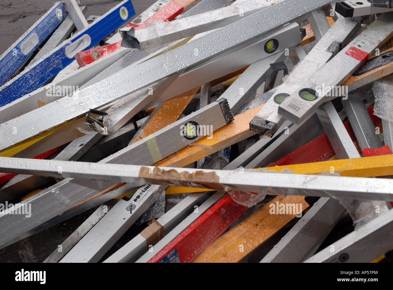 Heap of broken spirit levels on junkyard in Warsaw, Poland Stock Photo ...