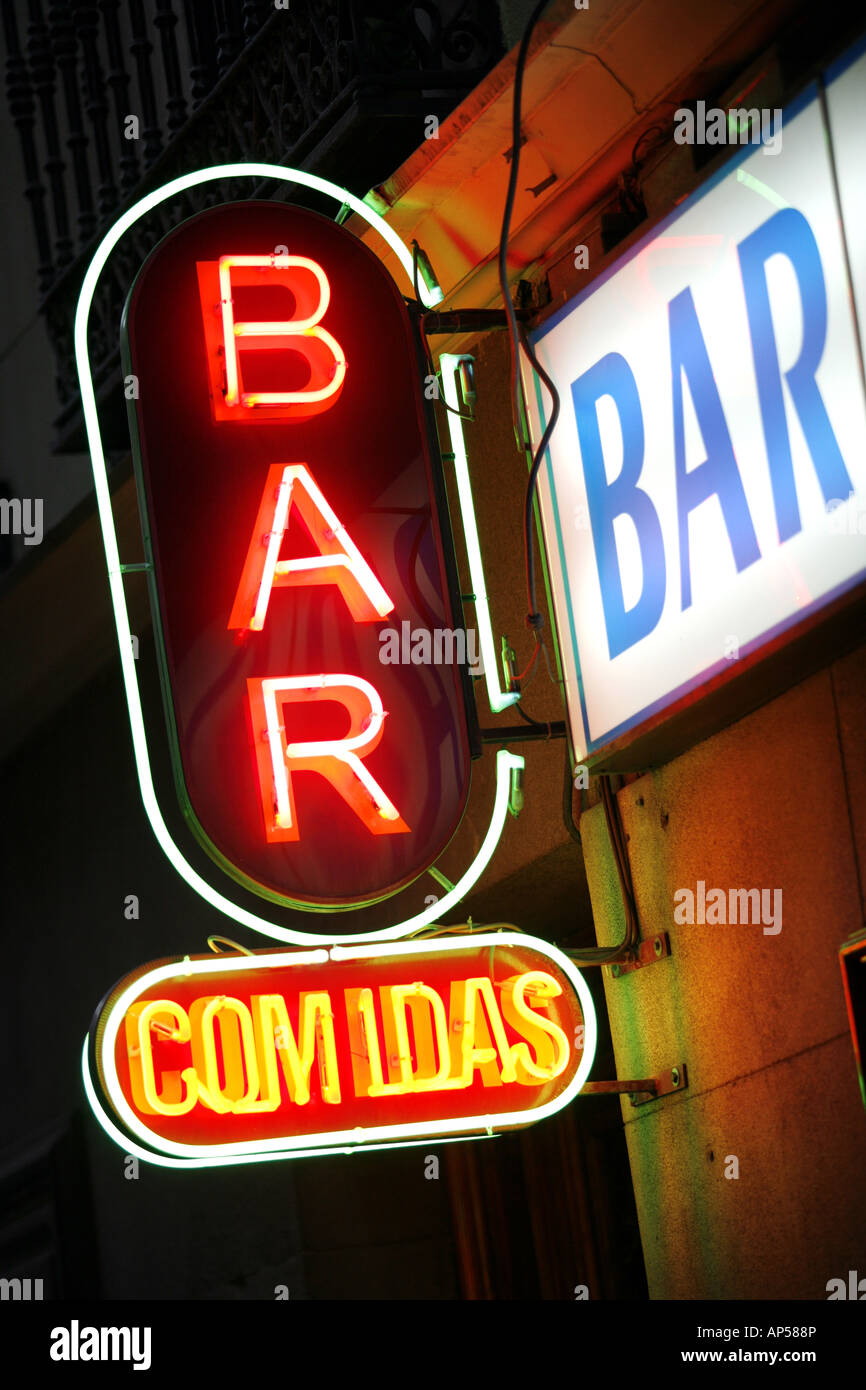 Neon bar sign at night, Madrid, Spain Stock Photo - Alamy
