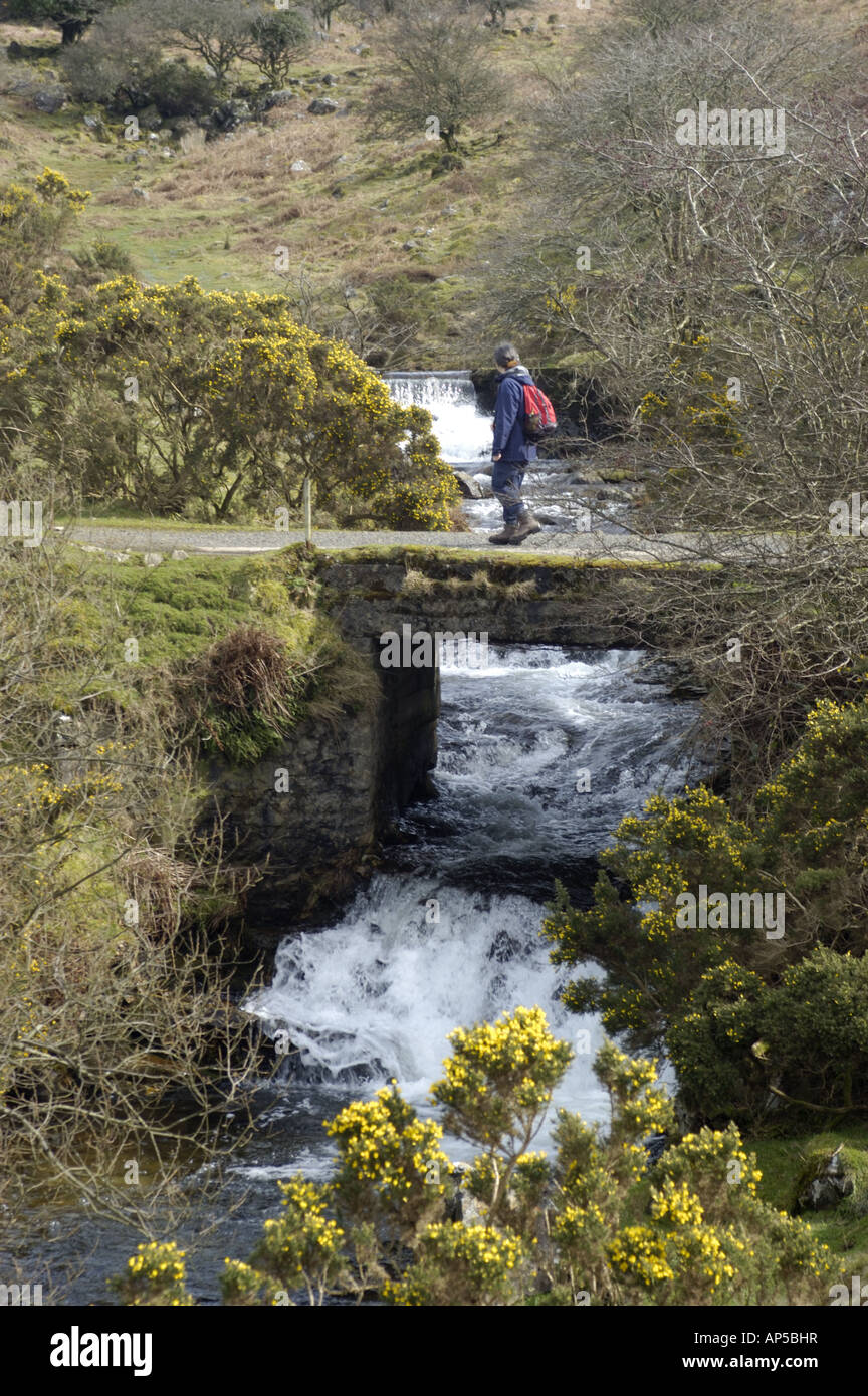 Walker crossing bridge near Meldon reservoir in Dartmoor National Park ...