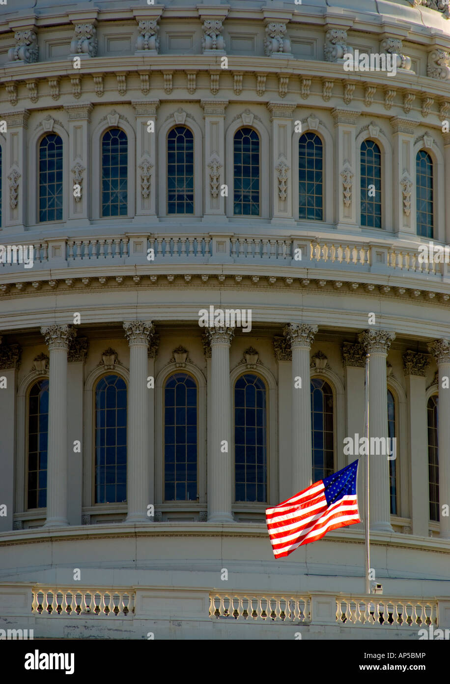 WASHINGTON DC, USA - Dome of the US Capitol, with backlit American flag ...