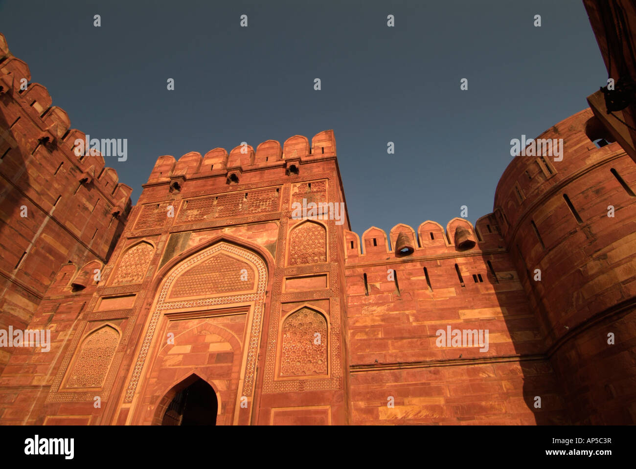 The Red Fort of Agra, exterior wall and blue sky, Agra India Stock ...