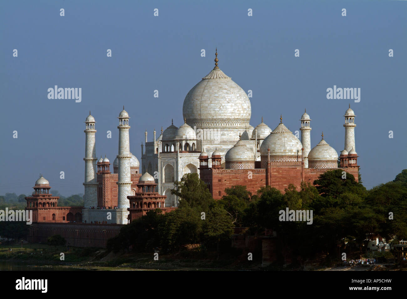 Distant view of the white marble domes of the Taj Mahal Agra Uttar ...