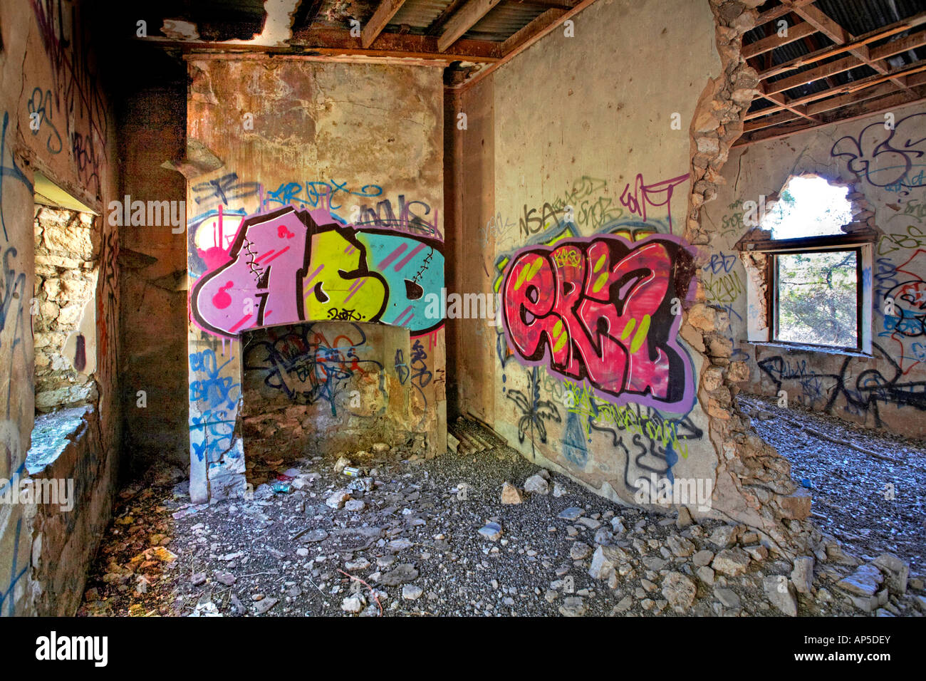 Graffiti on the interior walls of derelict house Stock Photo - Alamy