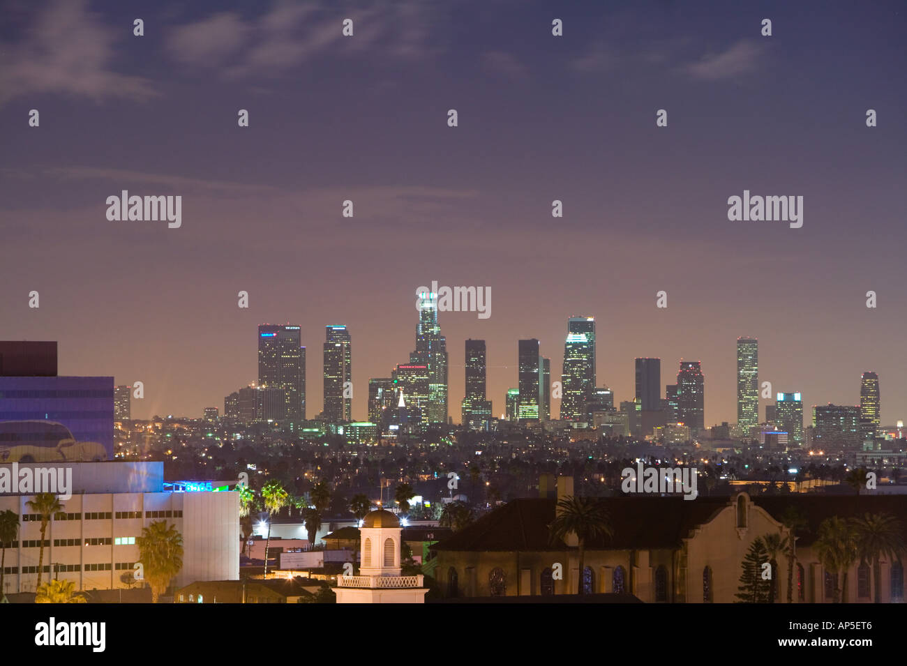 USA, California, Los Angeles, Hollywood: Evening View of Downtown Los ...