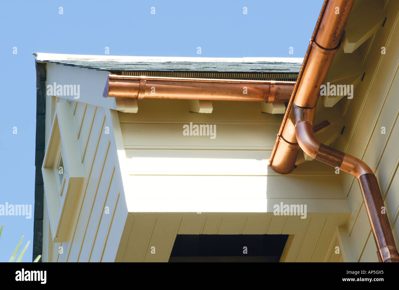 Copper Guttering And Drain Pipes On Modern Timber Clad Building Stock ...