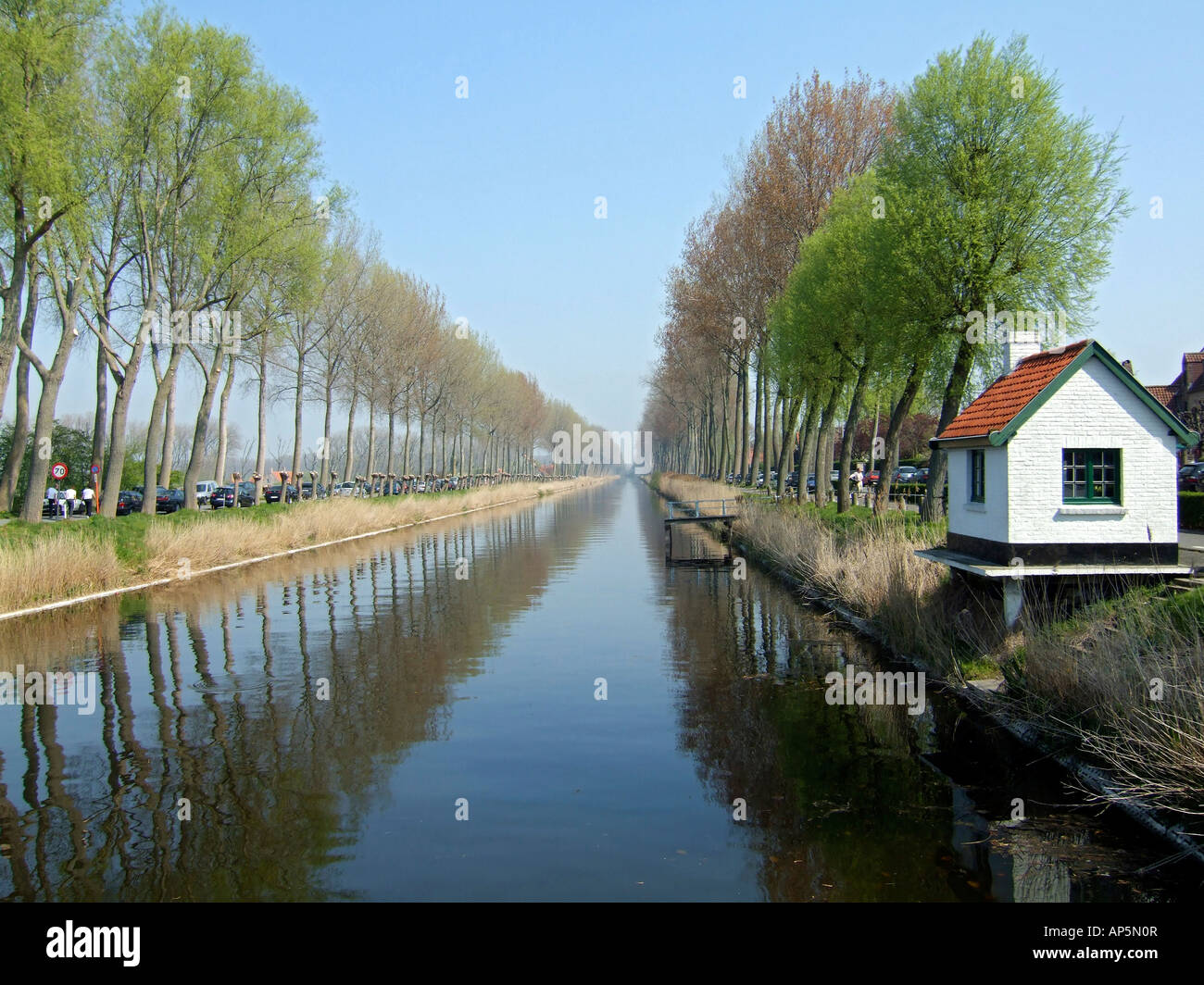 The tree lined Damse Vaart canal between Bruges and Damme, Belgium ...