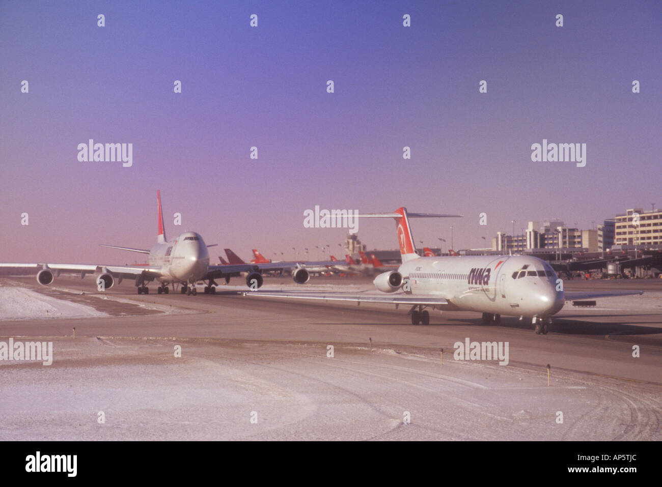 Northwest Airlines aircraft line up at the Minneapolis Airport, getting ...