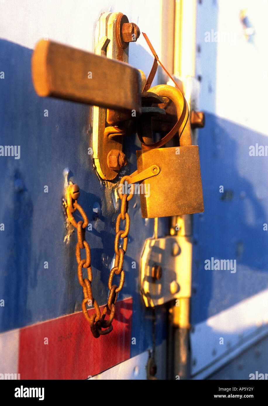 Truck or lorry lock. Closed and locked doors. Locked and bolted ...