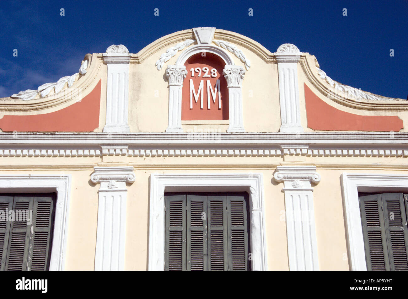 The ornate roof gable of a restored historic building in Kavala Greece ...