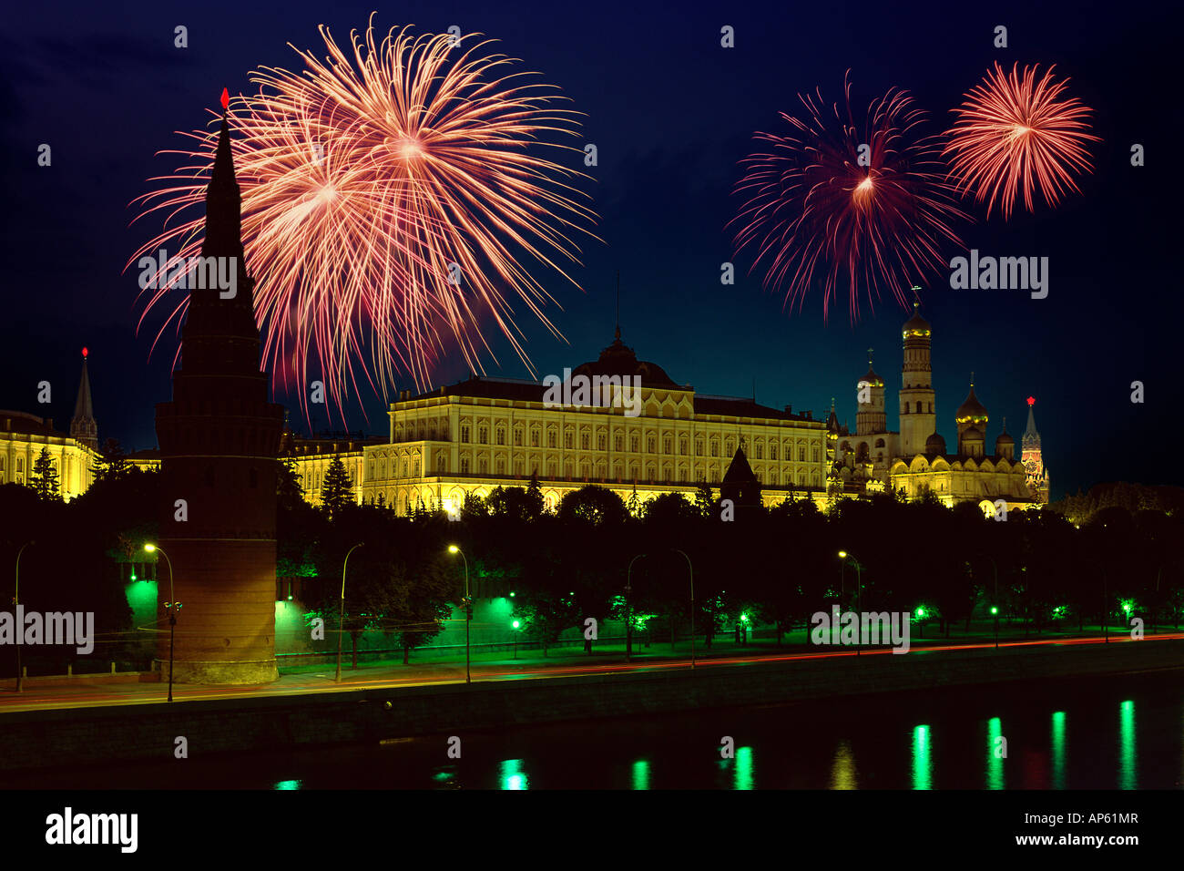Kremlin at night with fireworks, Moscow, Russia Stock Photo - Alamy