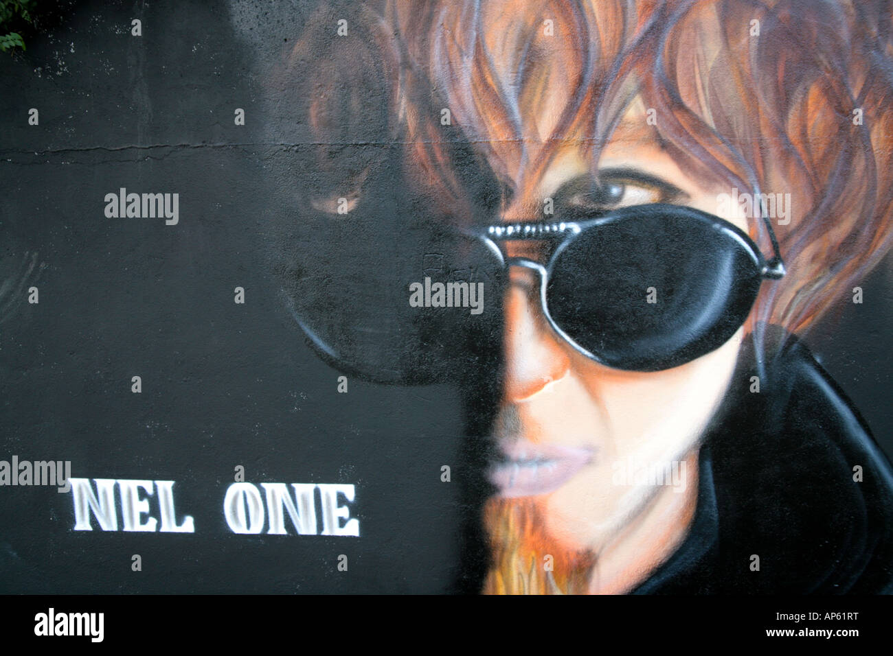 Street art graffiti on a wall at Panama City with the signature Nel One ...