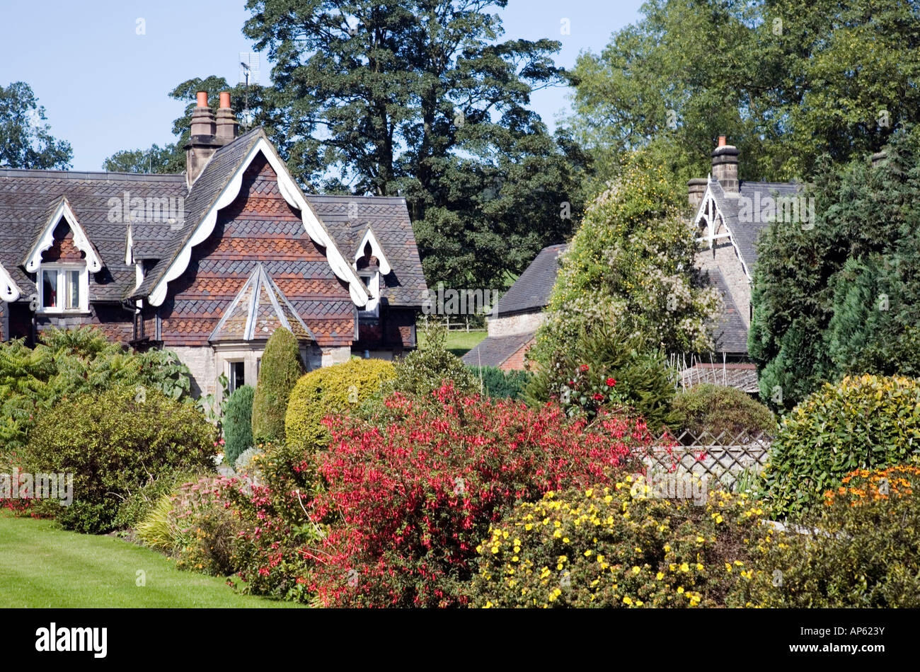 Picturesque white peak district Ilam village and gardens late summer ...