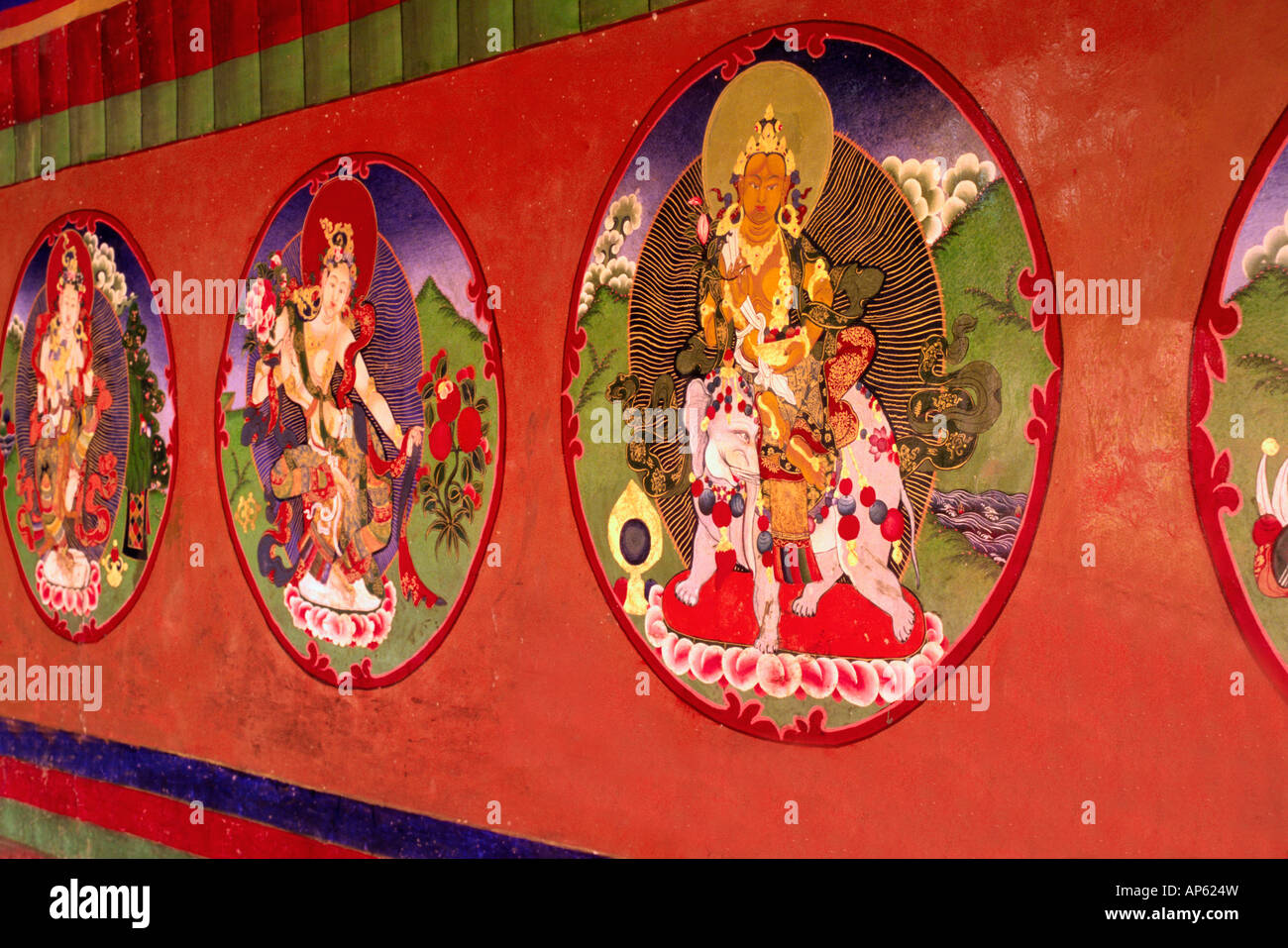 DANCING DAKINIS with BUDDHA on an ELEPHANT on a courtyard wall at SERA ...