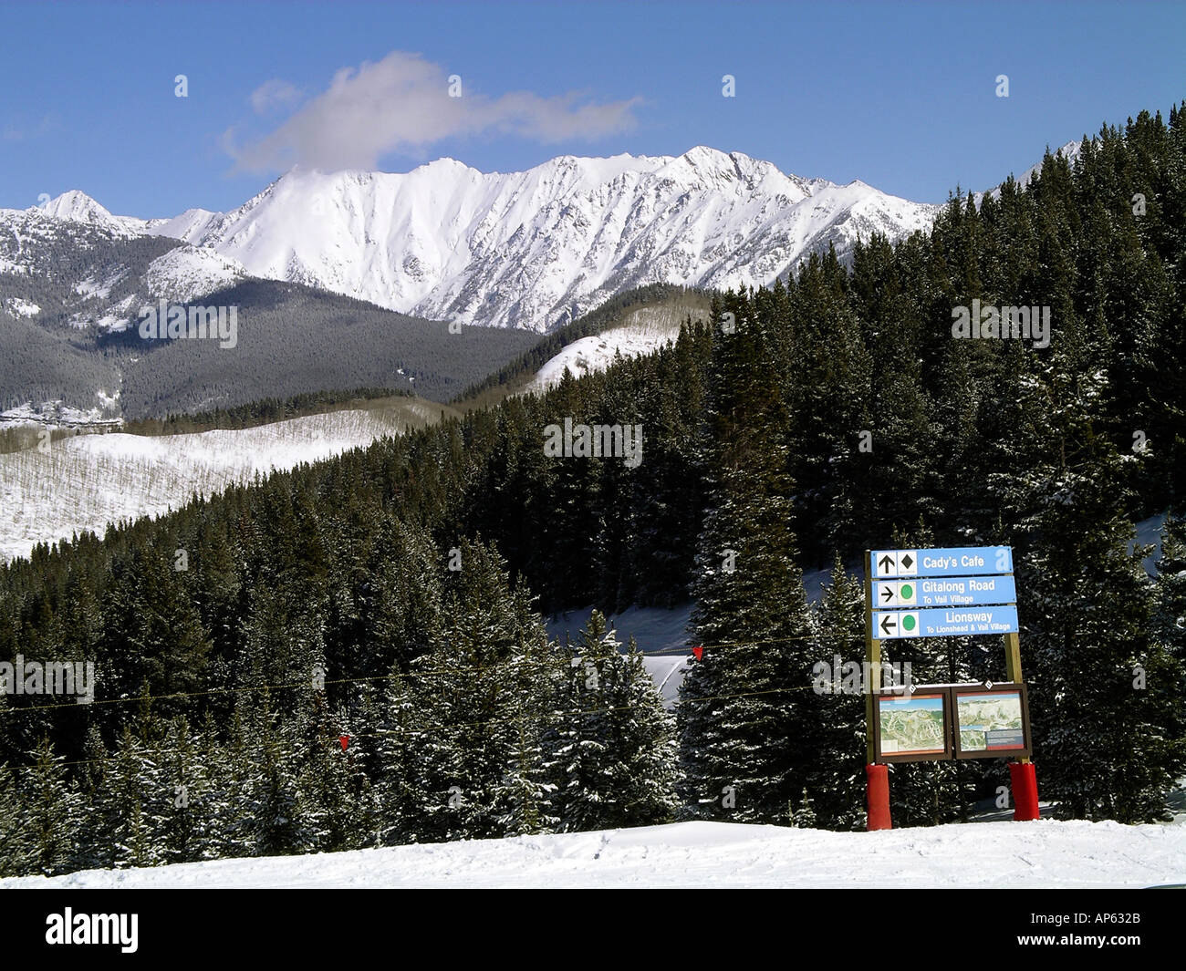 Vail Ski Resort Gore Mountain Range in Colorado with trail sign Stock ...
