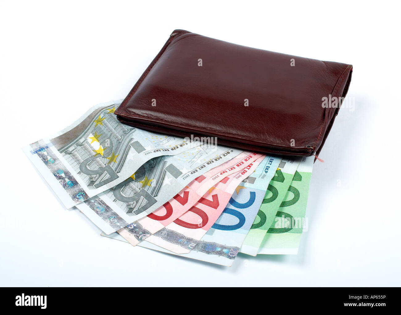 Old leather wallet with bills inside isolated on white background Stock ...