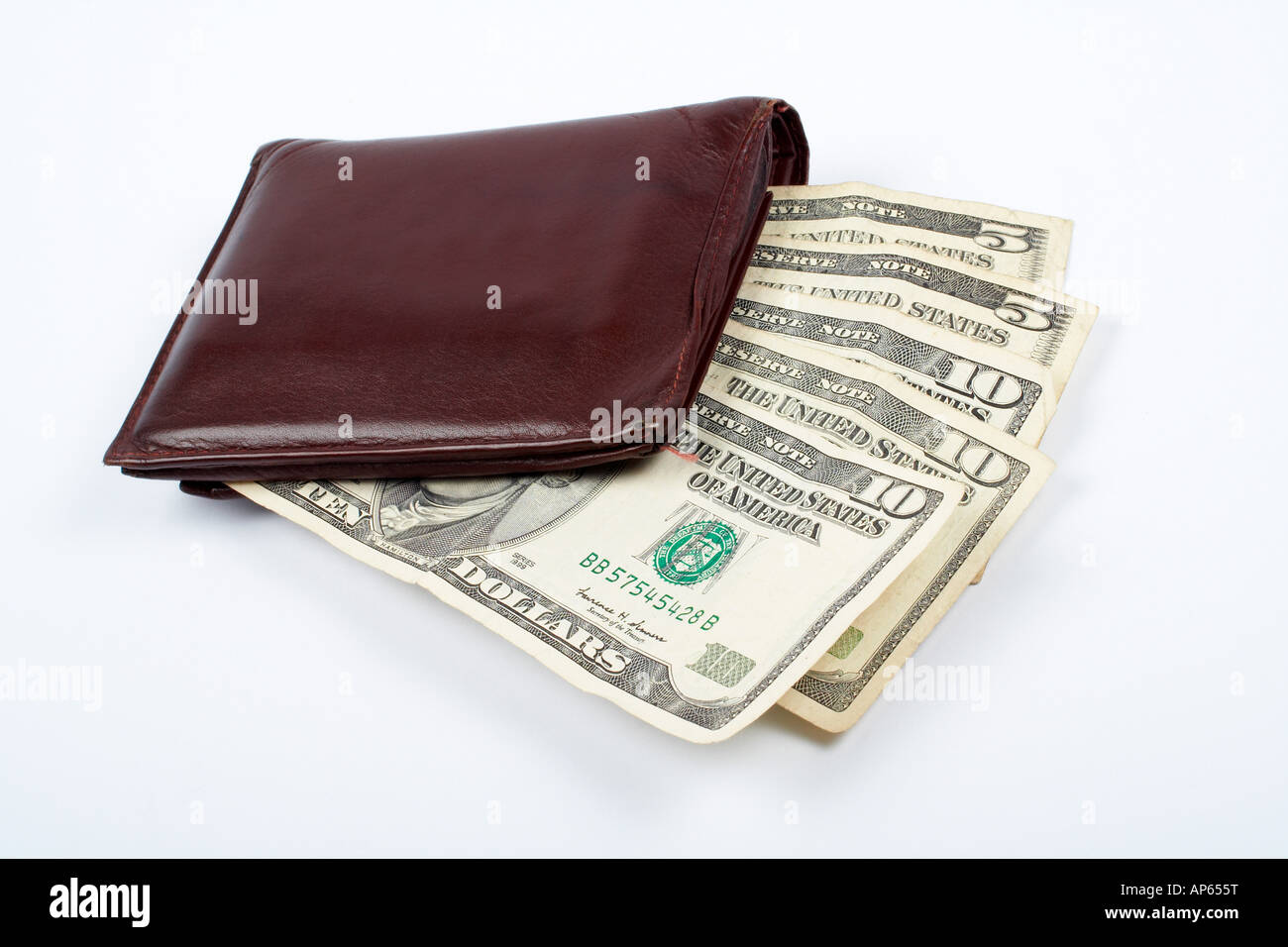 Old leather wallet with bills inside isolated on white background Stock ...
