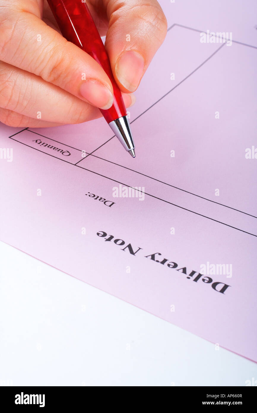 Writing blank delivery note with pen on white background Stock Photo ...