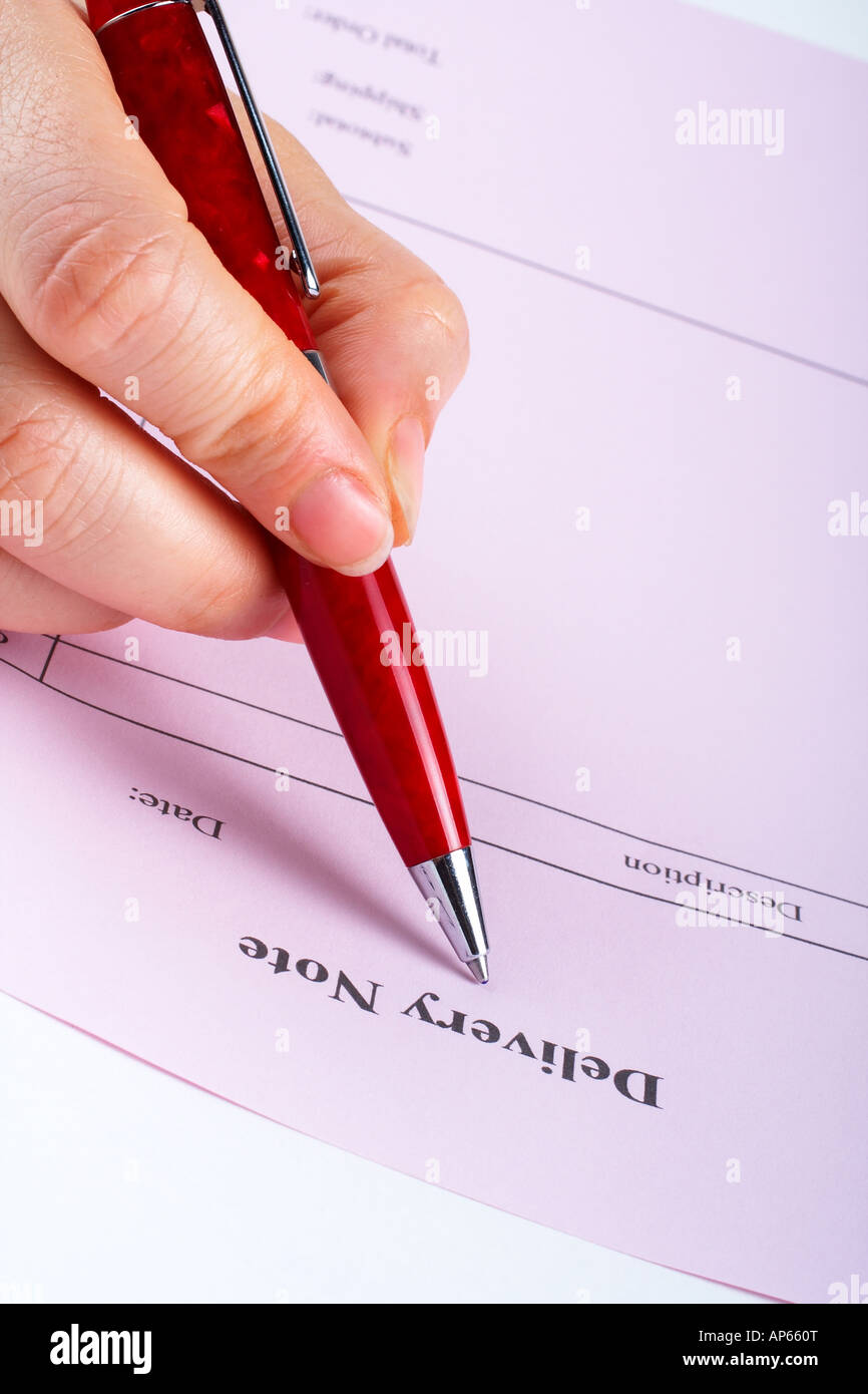 Writing blank delivery note with pen on white background Stock Photo ...