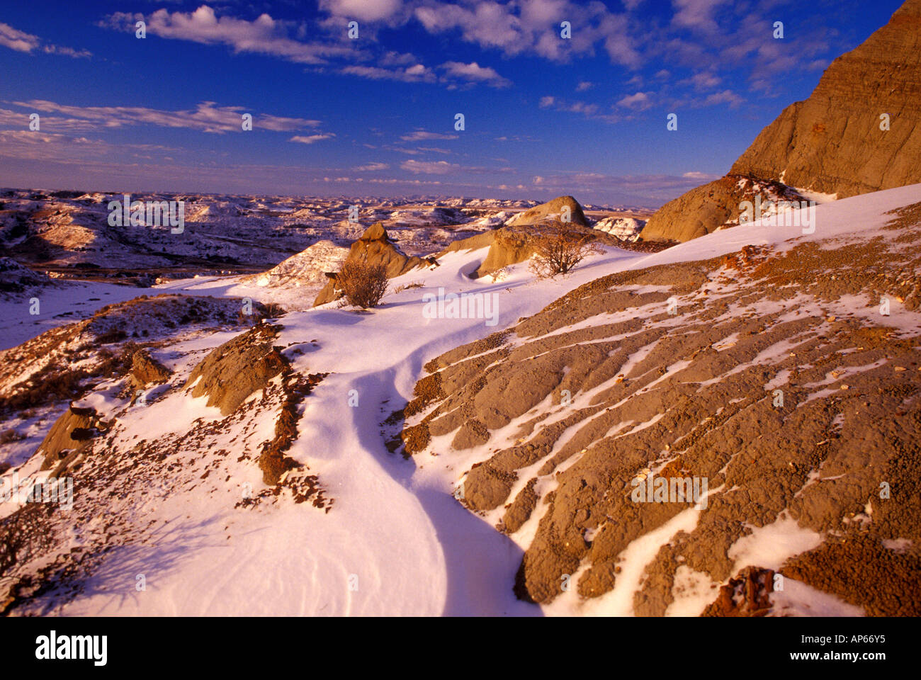 Badlands with fresh snow at Theodore Roosevelt National Park in North ...