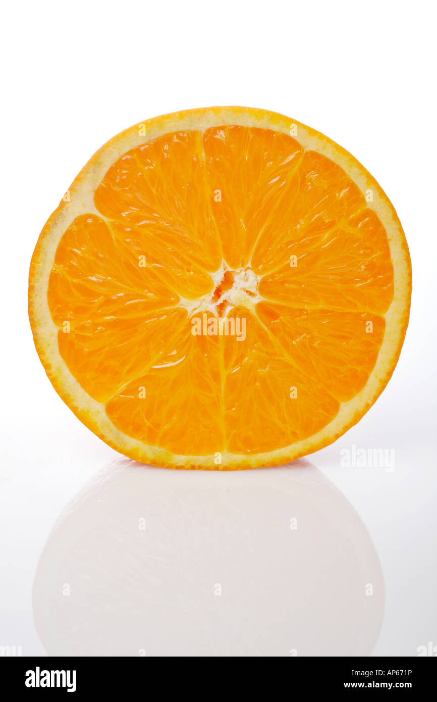 Half an orange reflected on white background Stock Photo - Alamy