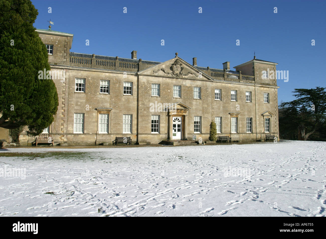 The mansion house and surrounding park of Lydiard Tregoze in the snow ...