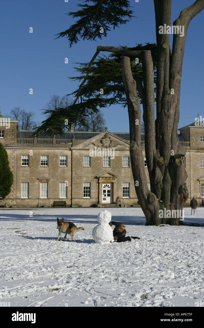 The mansion house and surrounding park of Lydiard Tregoze in the snow ...