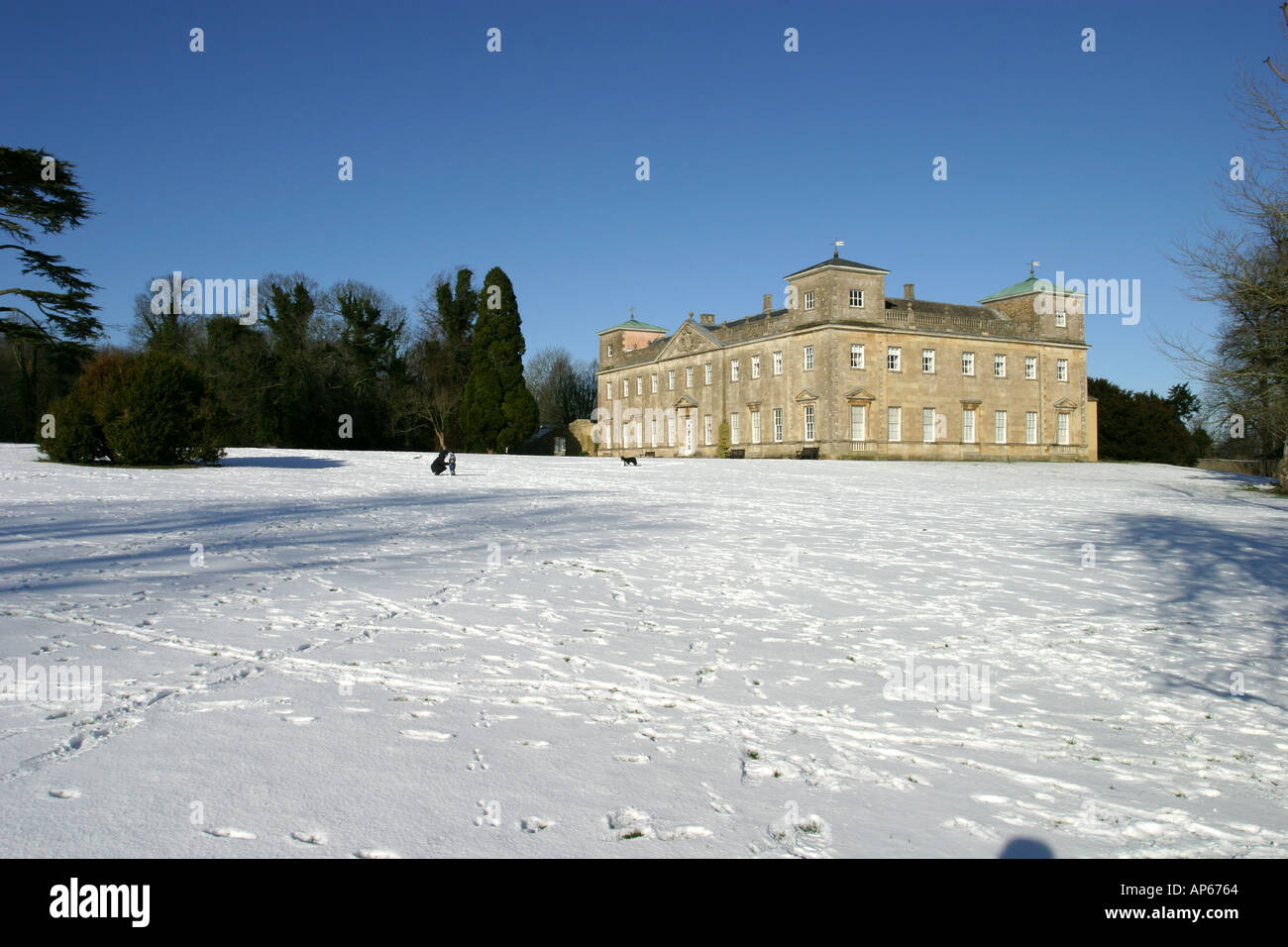 The mansion house and surrounding park of Lydiard Tregoze in the snow ...