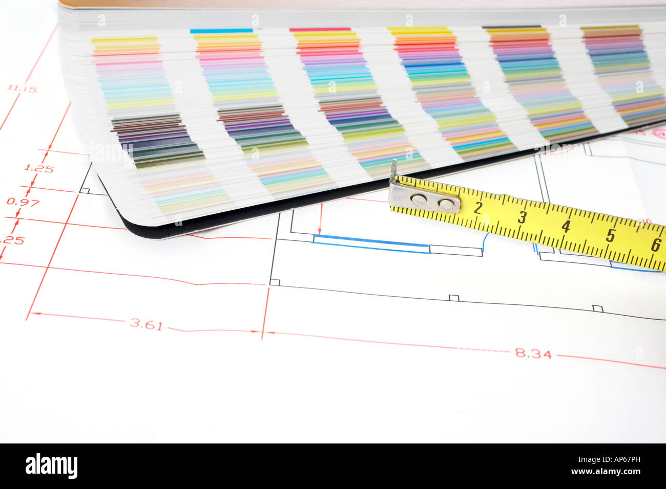 Colour guide measuring tape and architectural plan Stock Photo - Alamy
