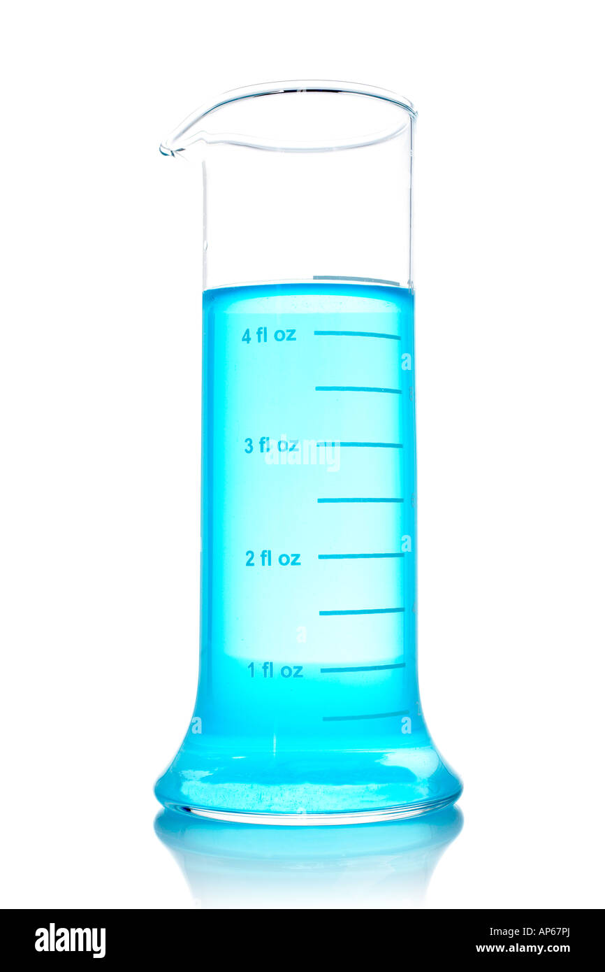 A test flask with blue liquid reflected on white background Stock Photo ...