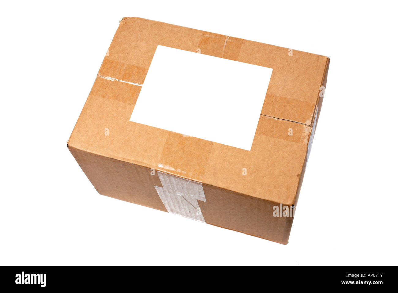 Cardboard box with blank label isolated on white background Stock Photo ...