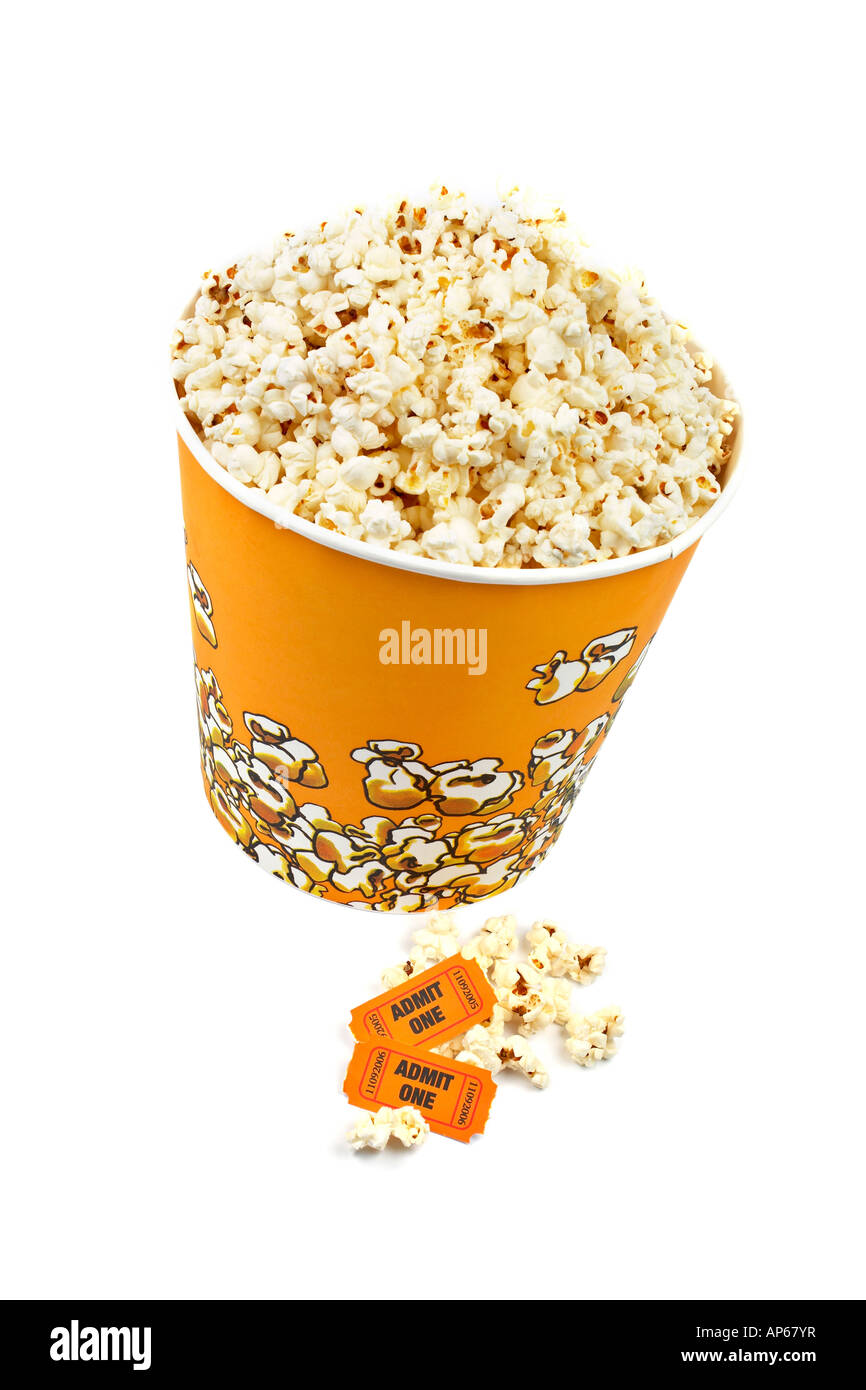 Popcorn bucket with two tickets on white background Stock Photo - Alamy