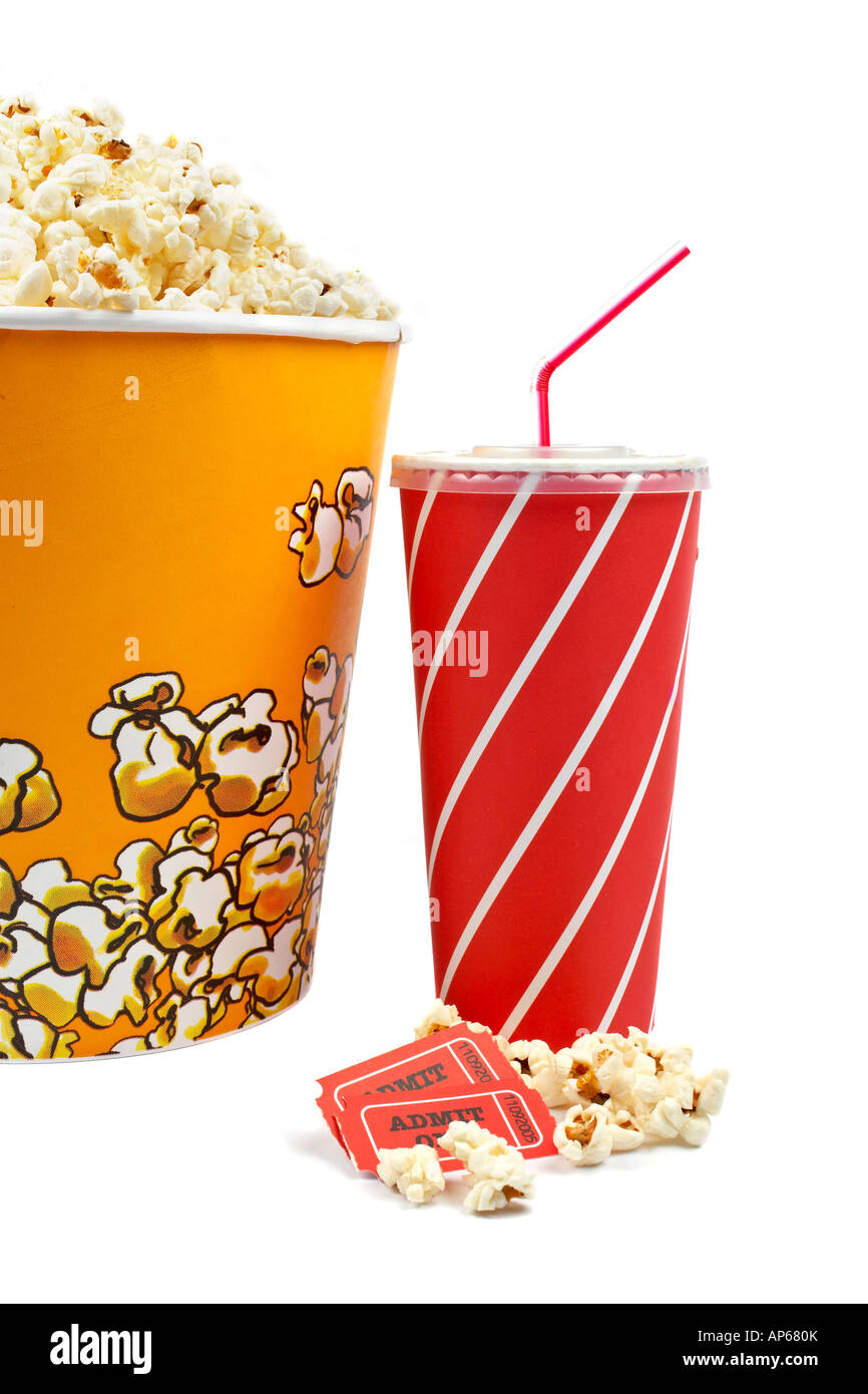 Popcorn bucket with two tickets and soda on white background Stock ...