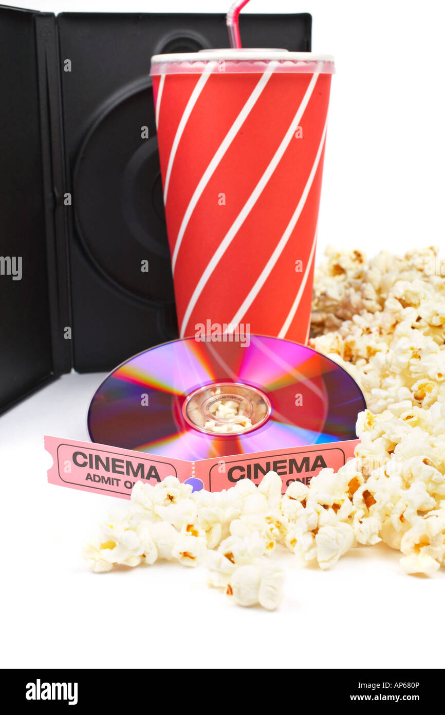 DVD popcorn with soda and two cinema tickets on white background Stock ...