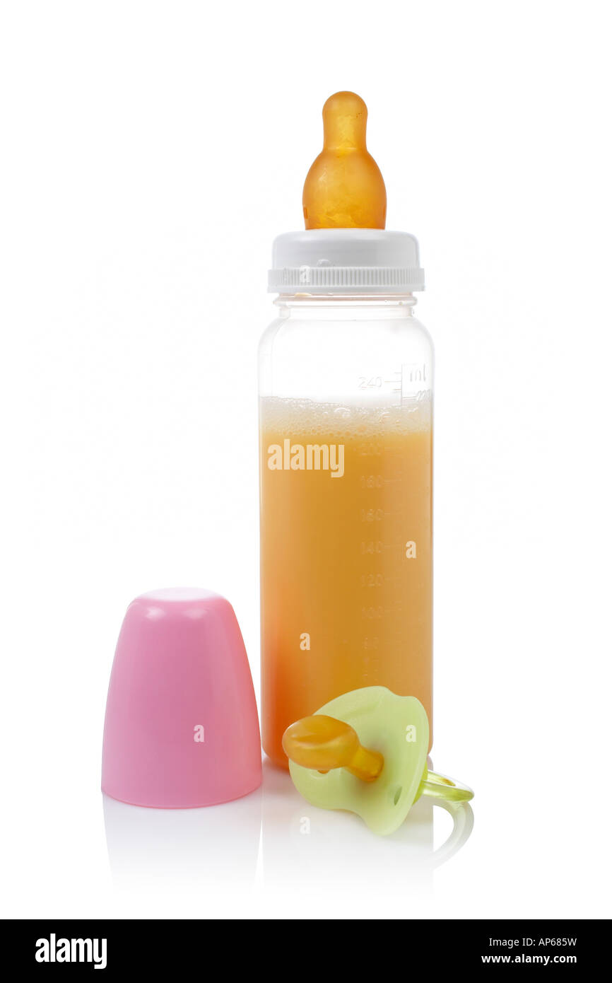 Baby bottle and pacifier reflected on white background Stock Photo - Alamy