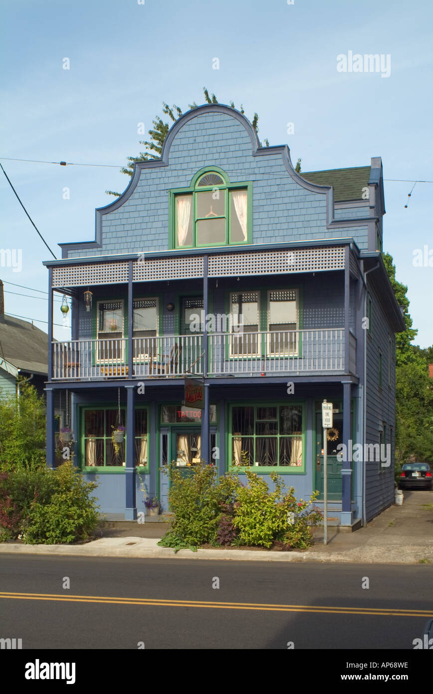 USA, Oregon, Portland, Historic blue building in North Portland's ...