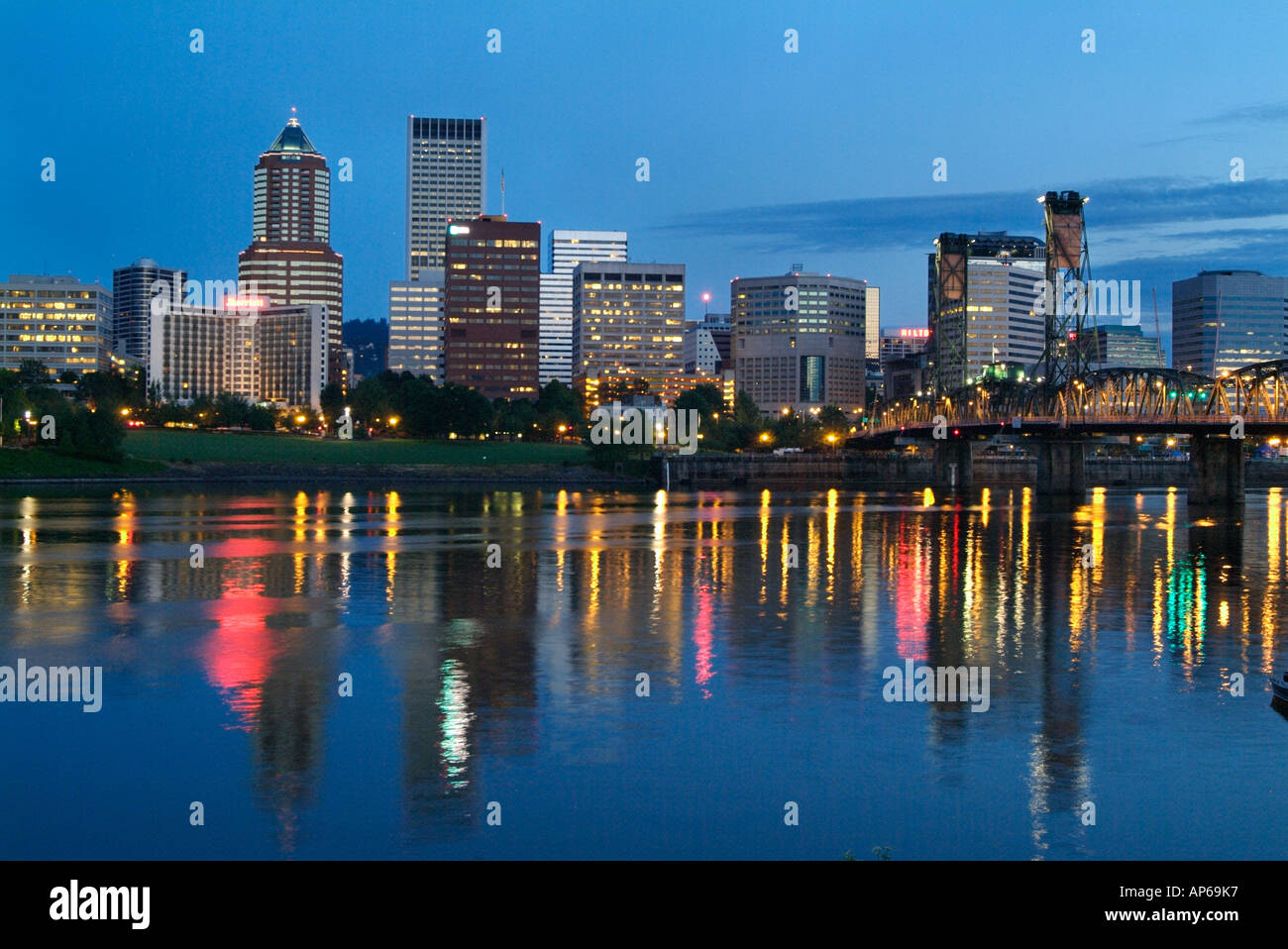 USA, Oregon, Portland, City lights glowing at night Stock Photo - Alamy