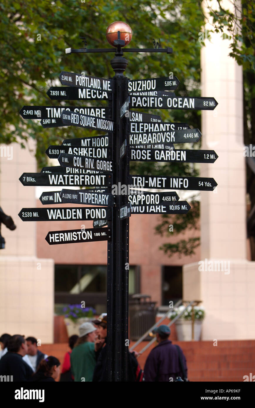 USA, Oregon, Portland, Street sign showing the distances to well known ...