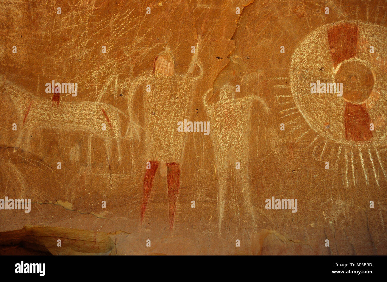 Pictograph apparently of Spanish Conquistador, horse and shield Stock ...