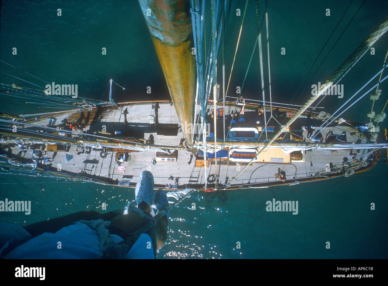 Windjammer yacht photographed from top of a mast Stock Photo - Alamy