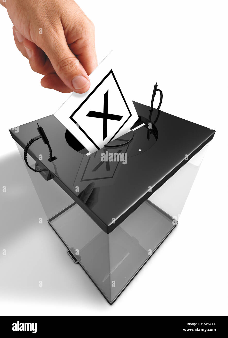Modern clear plastic ballot box with male hand placing X voting slip in ...