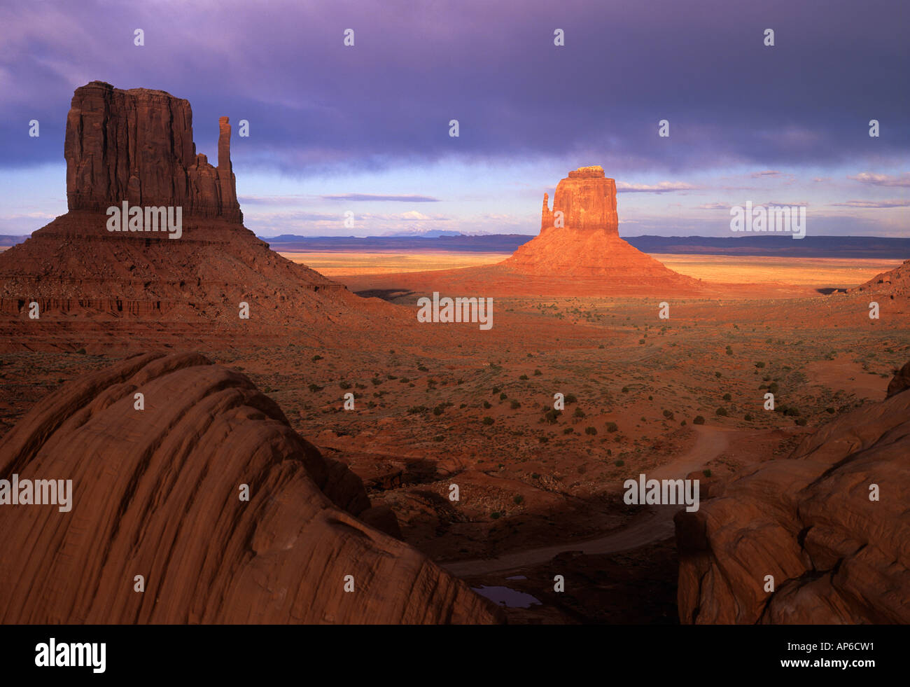 USA, Utah, Monument Valley, Late afternoon light colors the rock ...