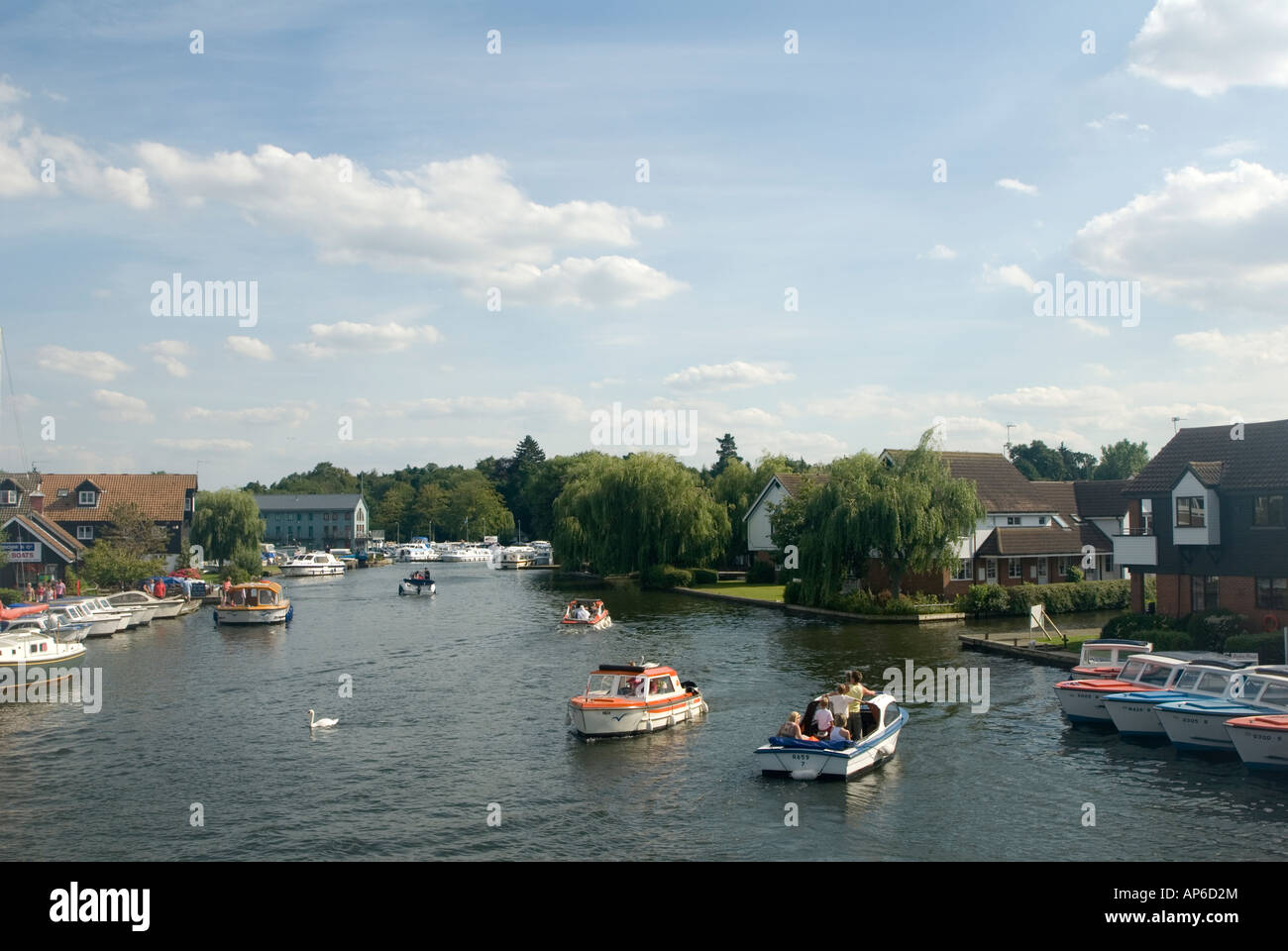 The view of the River Bure from Wroxham Bridge, on the Norfolk Broads ...