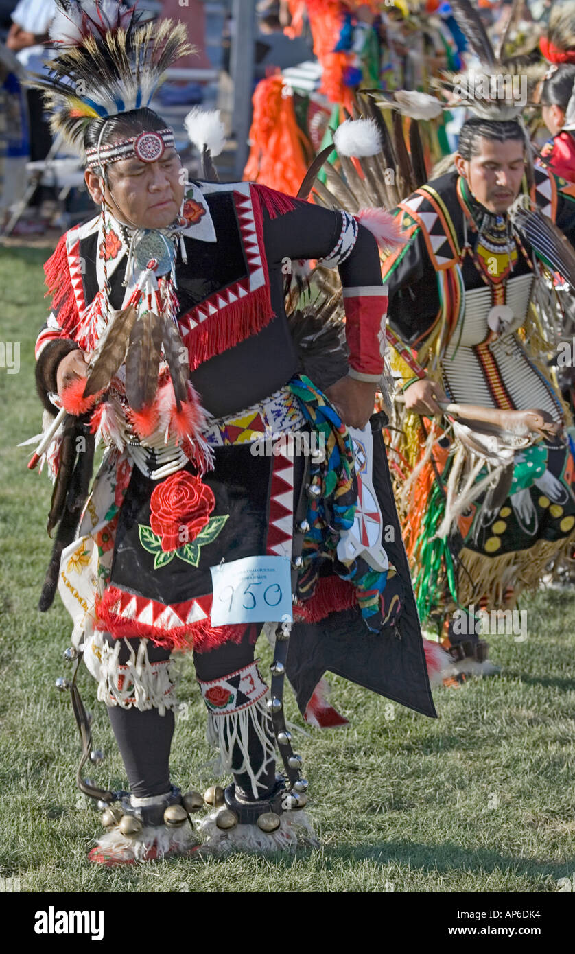 Native Americans in full regalia dancing during a powwow in northern ...