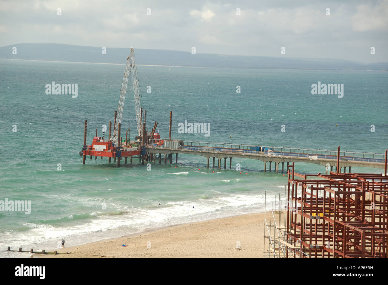 Jack Up Barge repairing Boscombe Pier in Dorset England UK coast Stock ...
