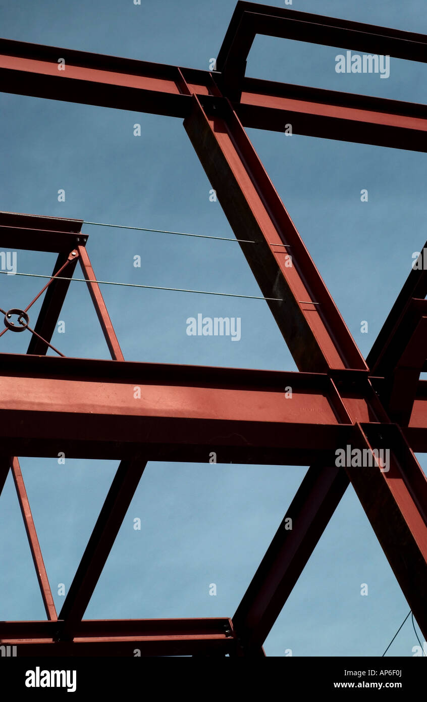 Red RSJ, re-enforced steel joints on a building site in Dublin Ireland ...