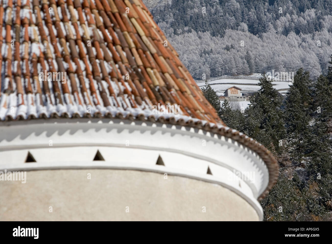 roof of round turret of Goldrain castle, Italy Stock Photo - Alamy