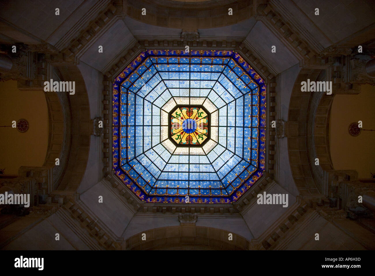 Backlit view of the stained glass window in the dome of the Indiana ...