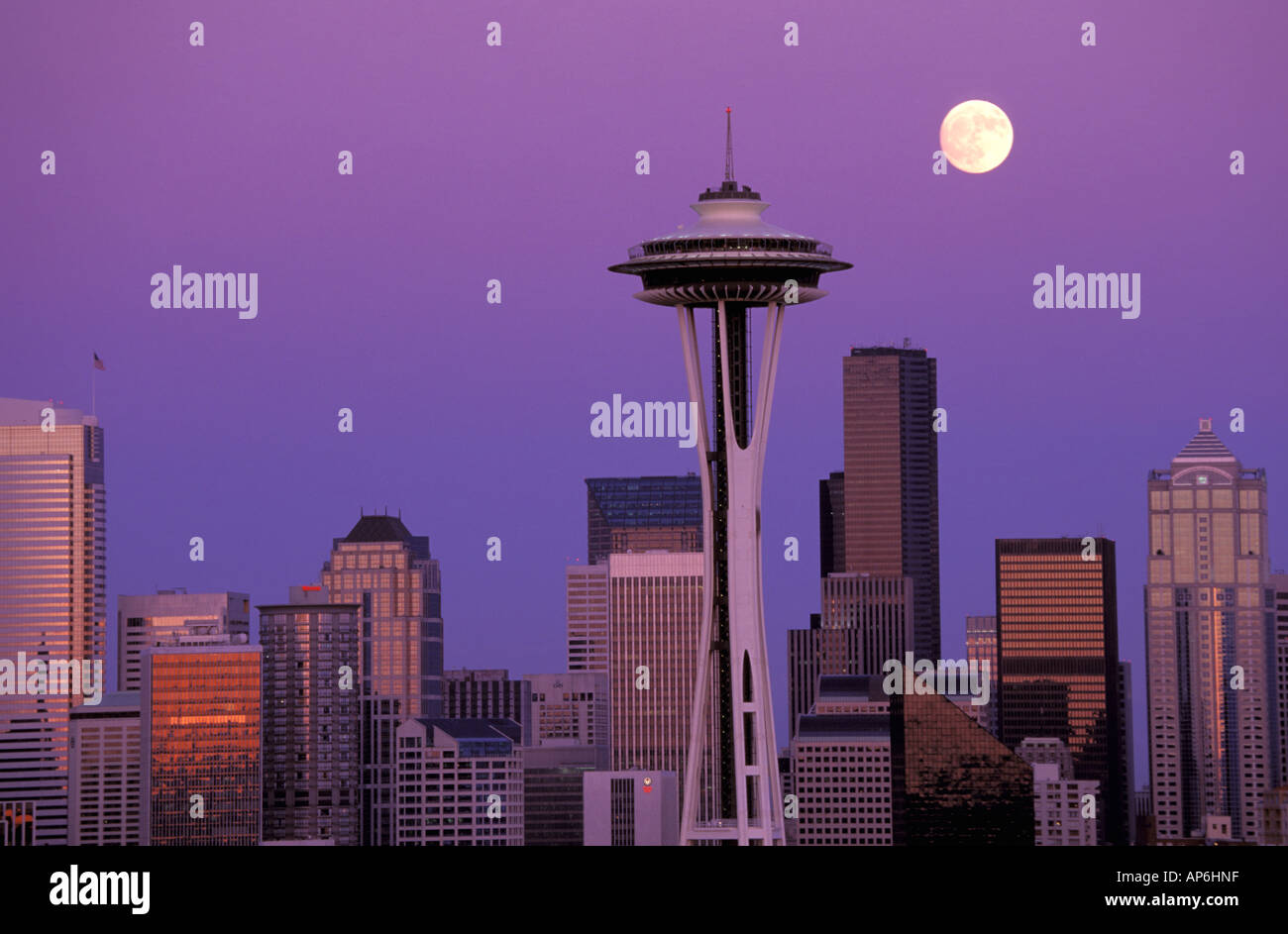 North America, USA, Washington State, Seattle. Space Needle and moon ...